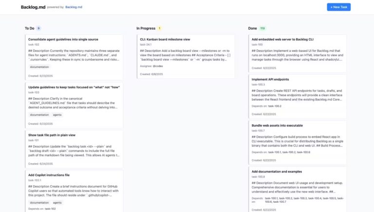 Backlog.md - 在 git 仓库中用 .md 生成并管理项目看板 - 小众软件